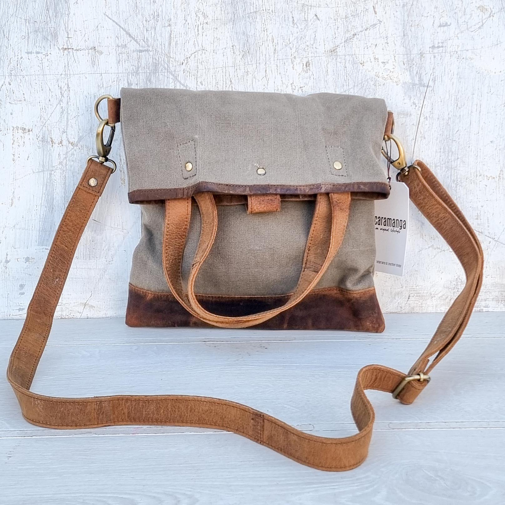 Canvas and Leather Foldover Tote Sample